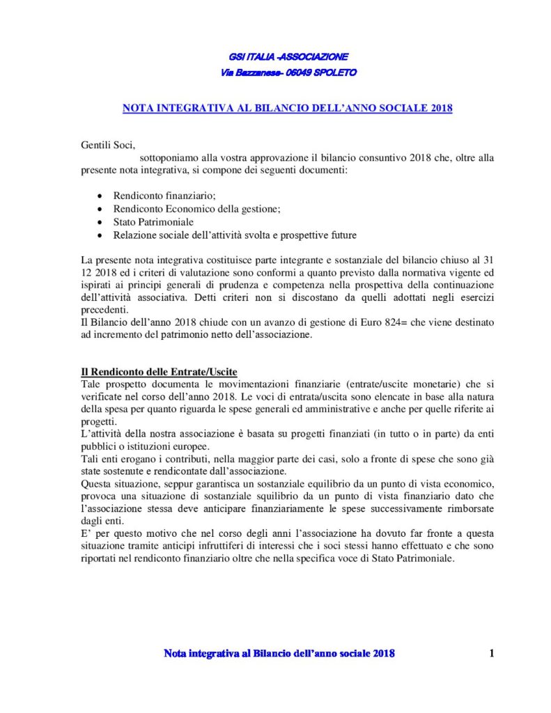 Nota Integrativa - GSI Italia Onlus